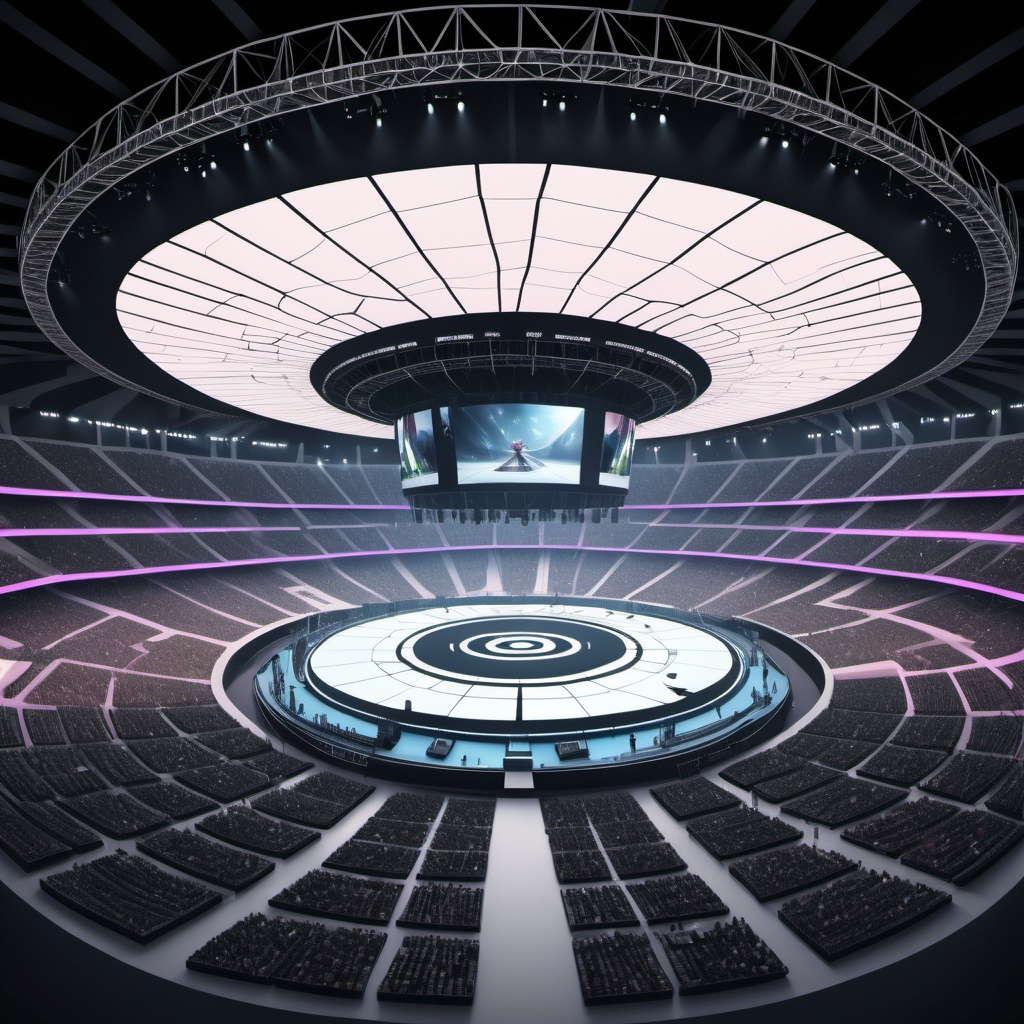 A 2025 stadium with a big gigantic circular stage, t...