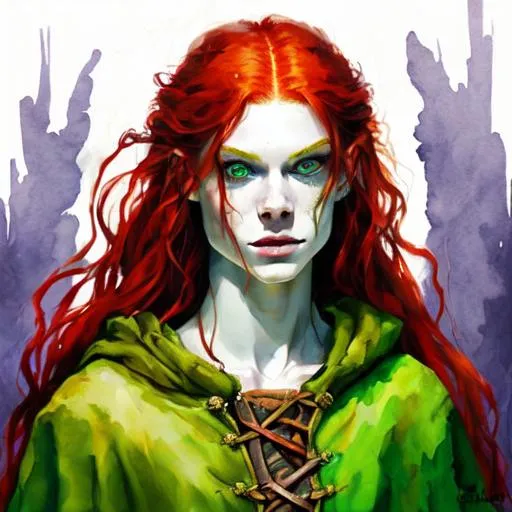 Handsome trickster god with long red hair, green eye... | OpenArt