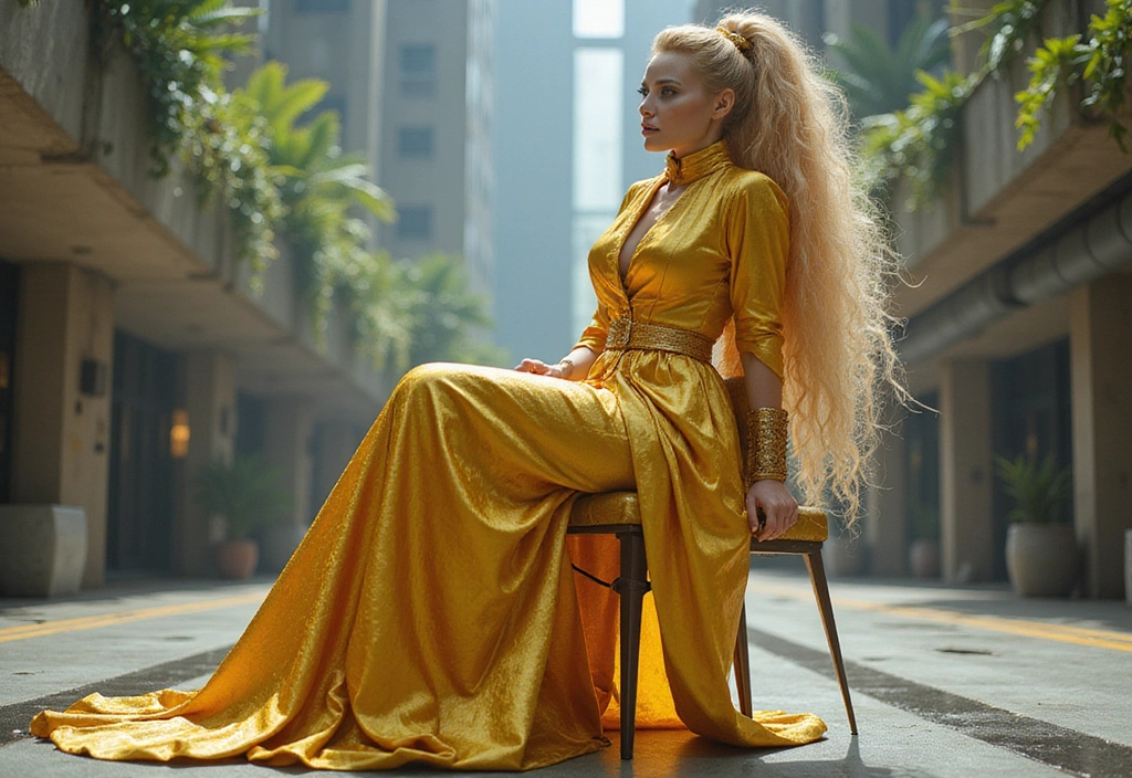 Gorgeous alien drag queen wearing golden robes and 8...