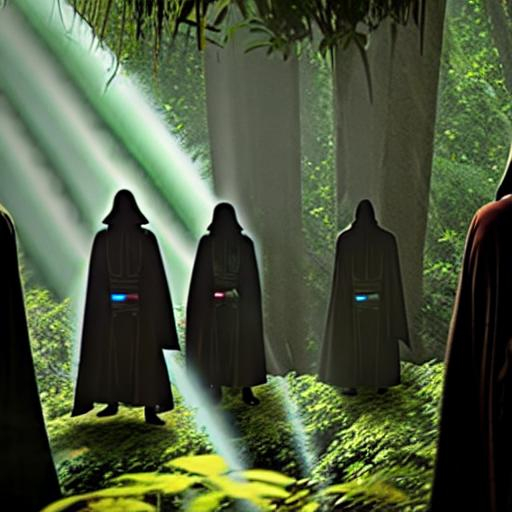 A group wearing Jedi robes in a jungle, and in the d... | OpenArt