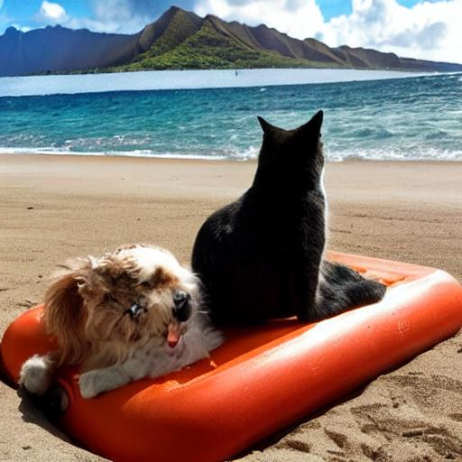 cat on a raft in the middle of hawaii and a dog as w...