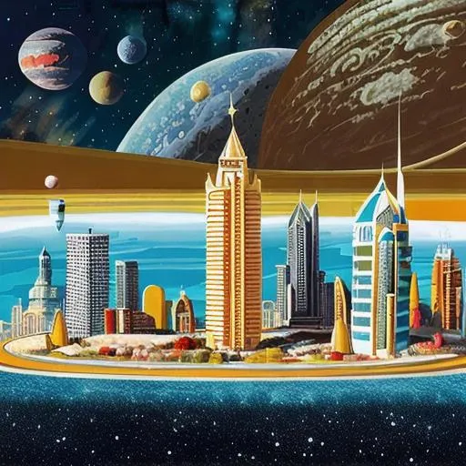 Illustration of a city on a planet in the style of t... | OpenArt