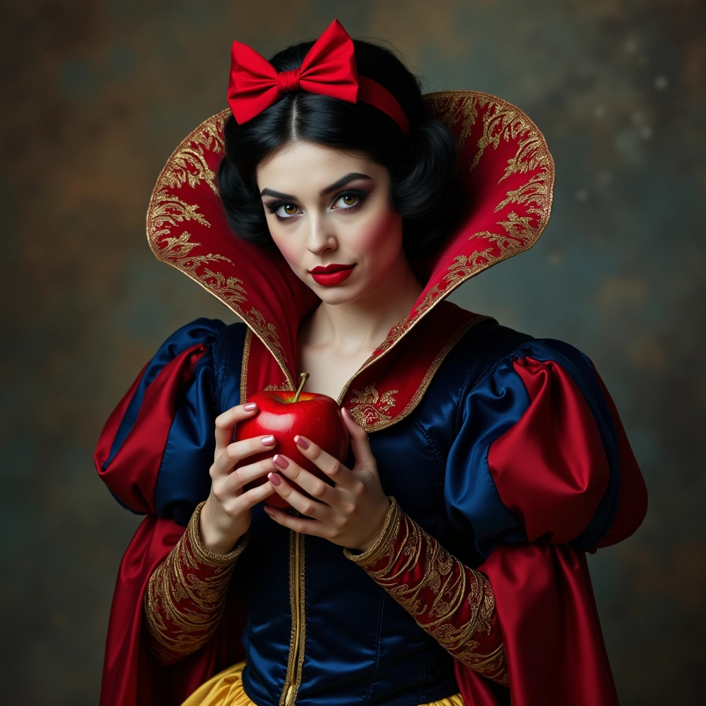 Snow white as an evil villain holding a poisoned apple