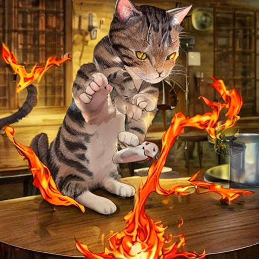 A cat sitting on a table breathing fire | OpenArt