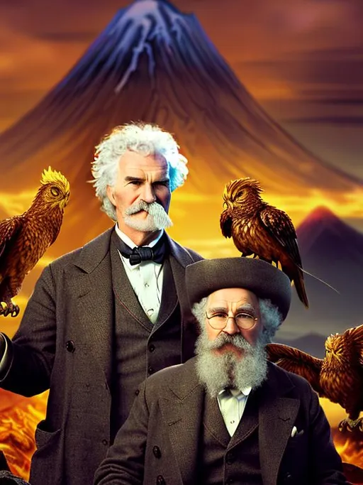 Illustrate the epic moment of Mark Twain and Dumbled... | OpenArt
