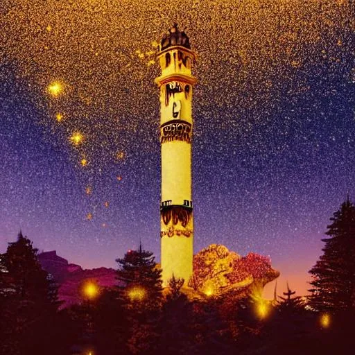 night time magic land with high magic tower with gol... | OpenArt