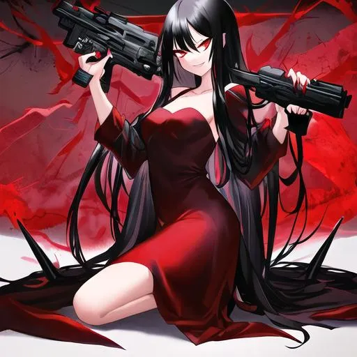 medium rack, long black hair, red eyes, sneaky smile...