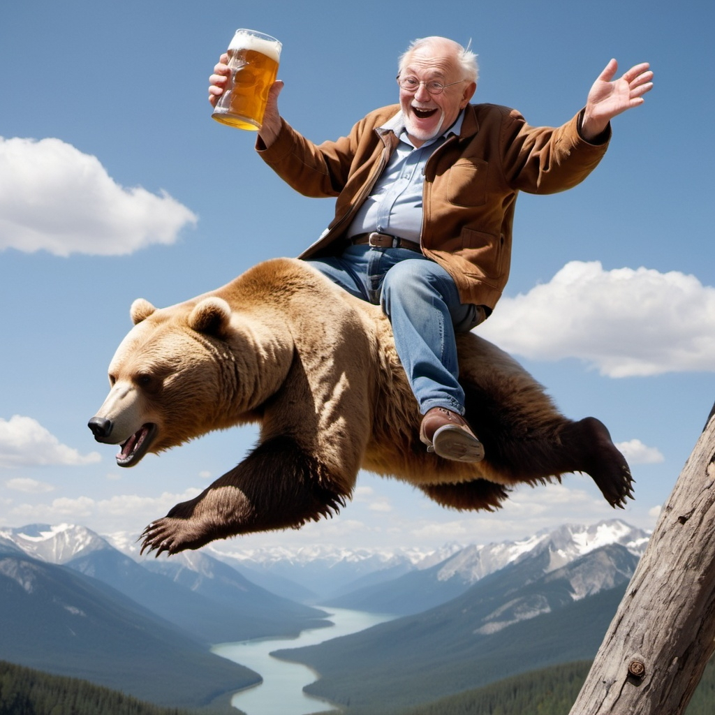 a grandpa juming out of a planeholding beer an landi...