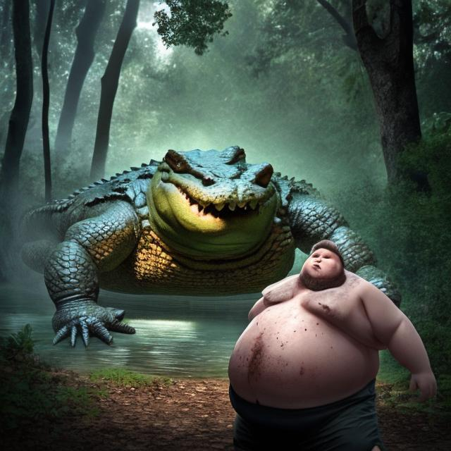 fat man in the woods fighting a crocodile and its a...