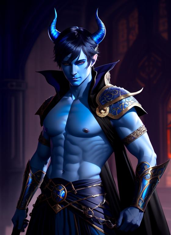 a dnd, male, fantasy, blue-skinned, thiefling, wi...