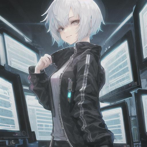 hacker girl with short white hair | OpenArt