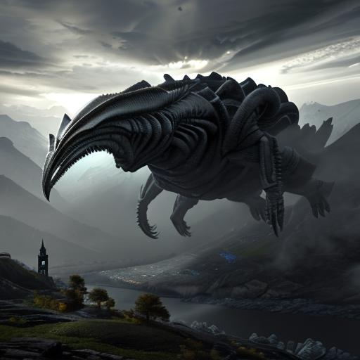 pencil drawing, lines, huge alien animal with a city...