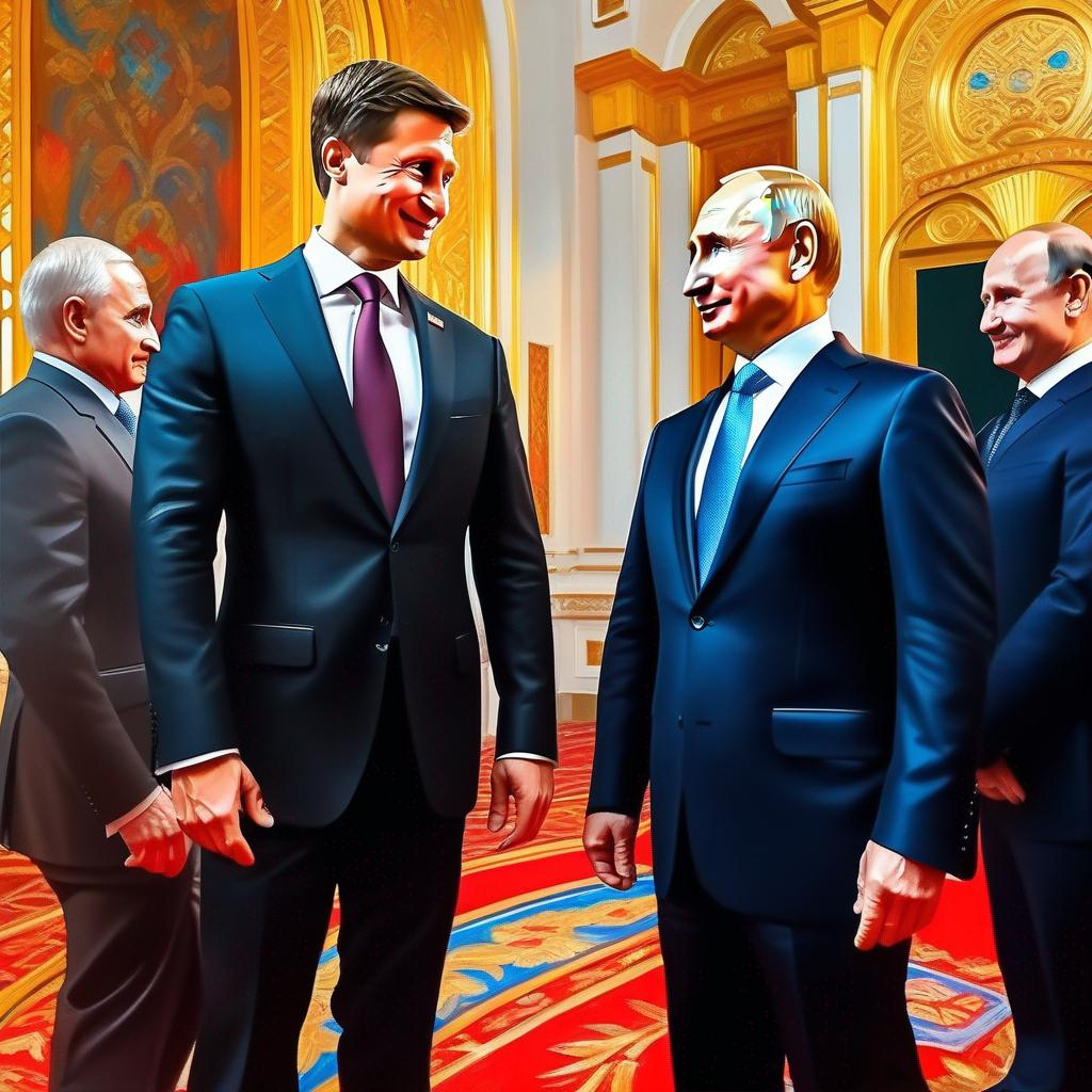 Tall buff Zelensky meets small Putin, cartoony style...