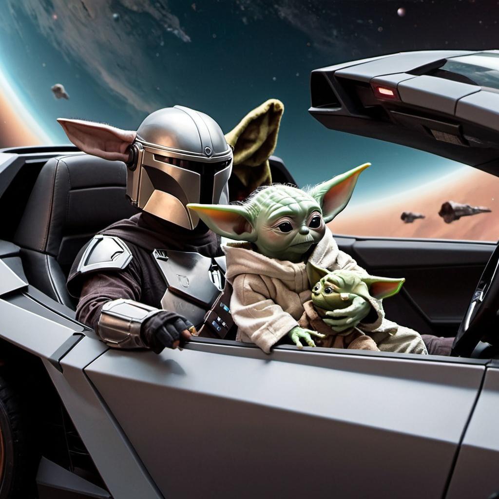 Mandalorian and baby yoda driving a Lamborghini in s...