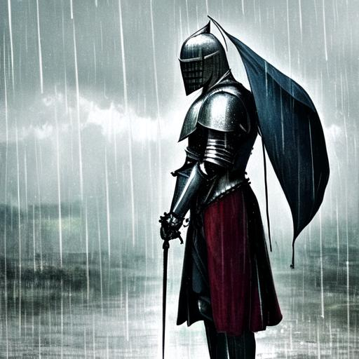 Knight at sad rain