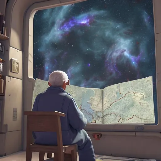 a very old man holding a map sitting on a chair watc... | OpenArt