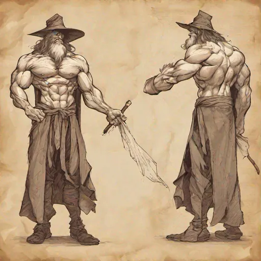 Muscular wizard, dressedin a robe with ripped sleave...