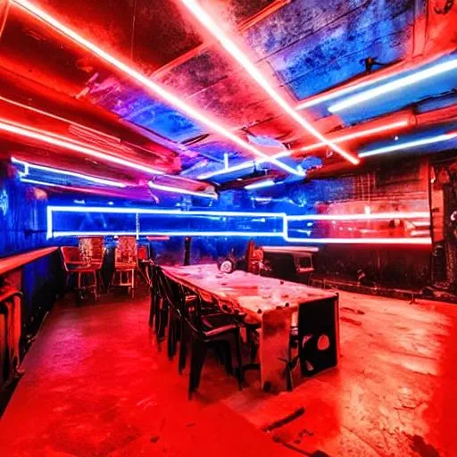 a red white and blue neon grunge underground club wi...