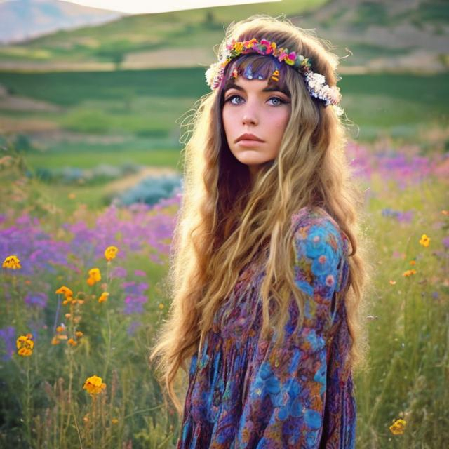 60's style hippy girl with meadow of wildflowers in...