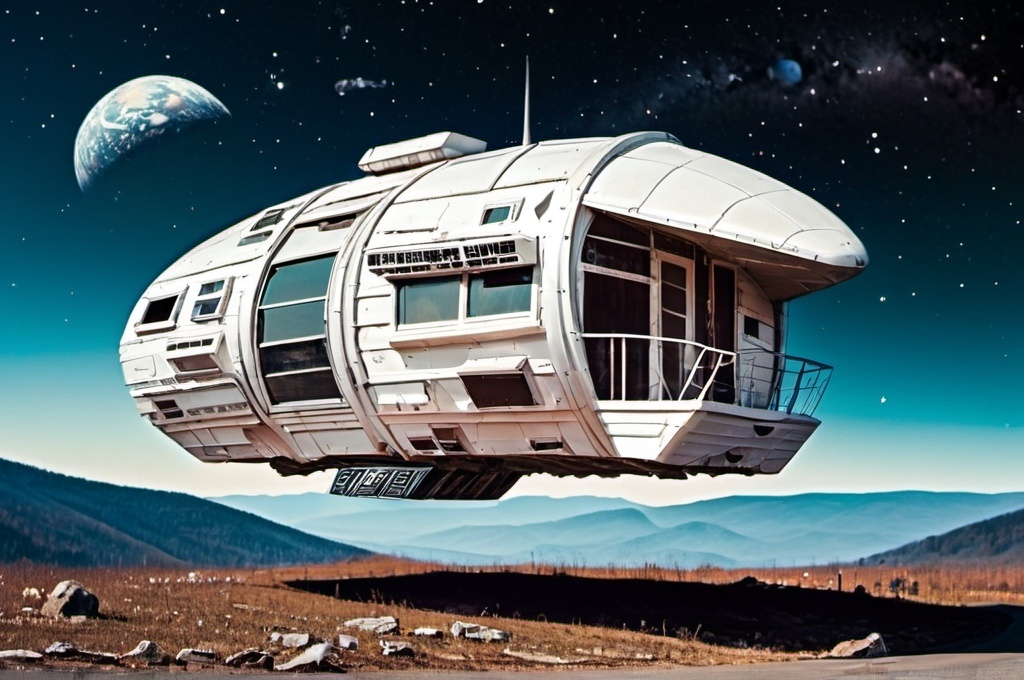 mobile home spaceship flying through outer space wes...