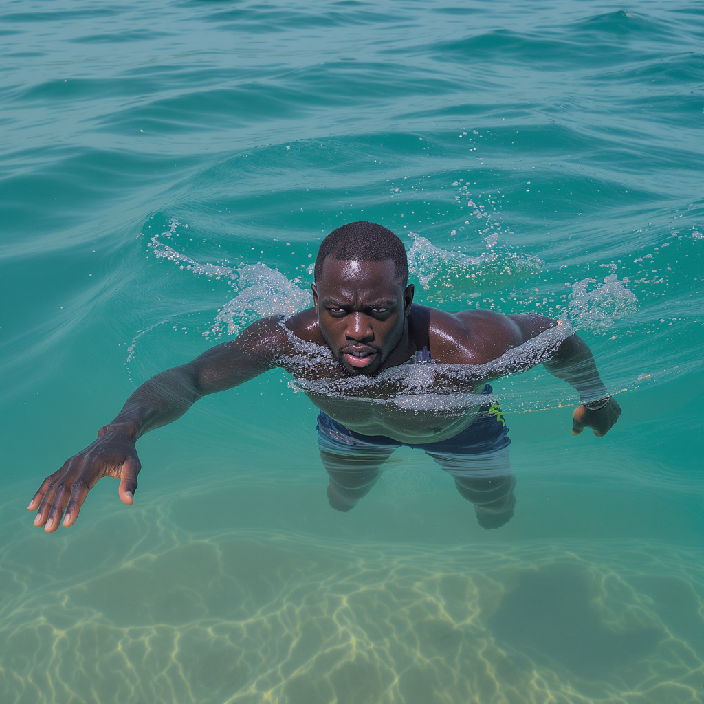 an African man swimming on the edge of the mother