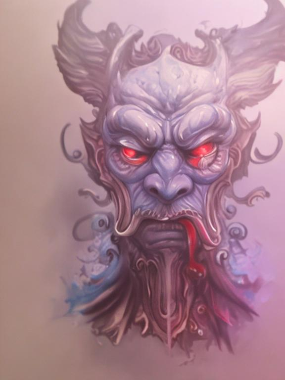 Blue faced demon with red eyes and large mustache | OpenArt