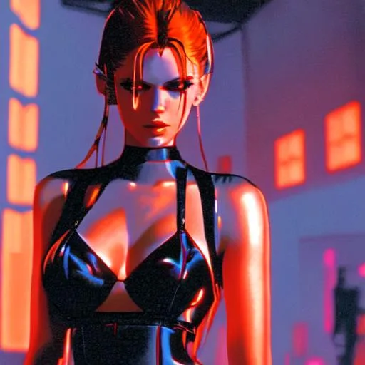 Avalon 2001 movie, orange cyberpunk noir, femme fatale | OpenArt