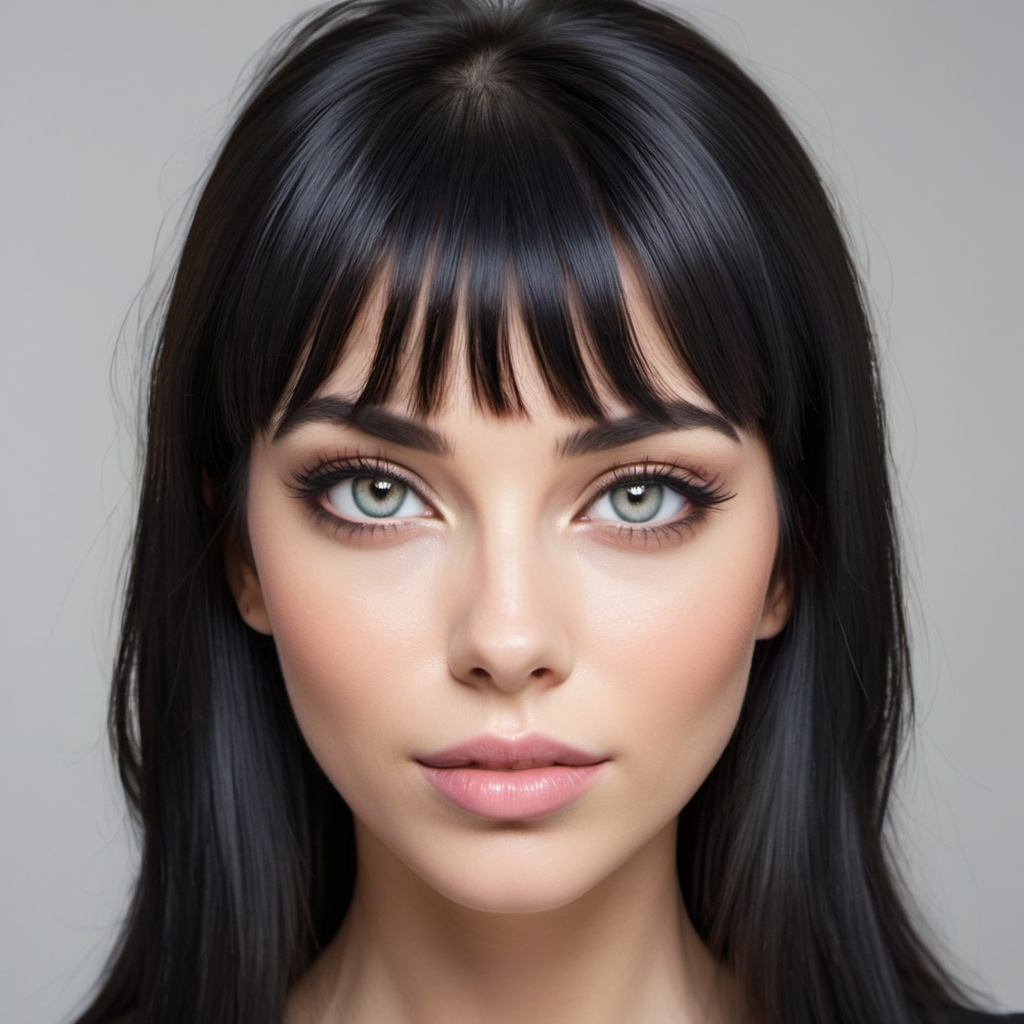 A woman with black straight hair, side bangs, attrac...