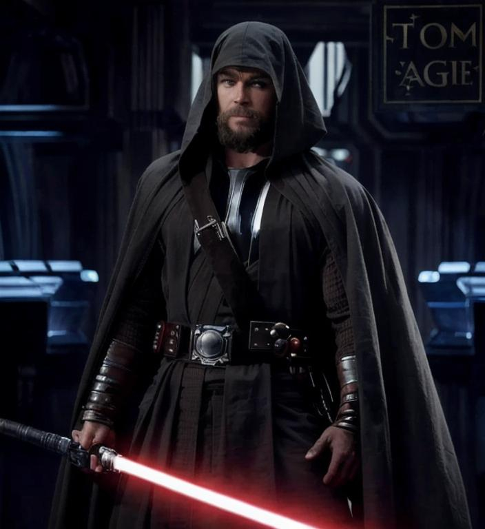 Chris Hemsworth with a beard as a jedi