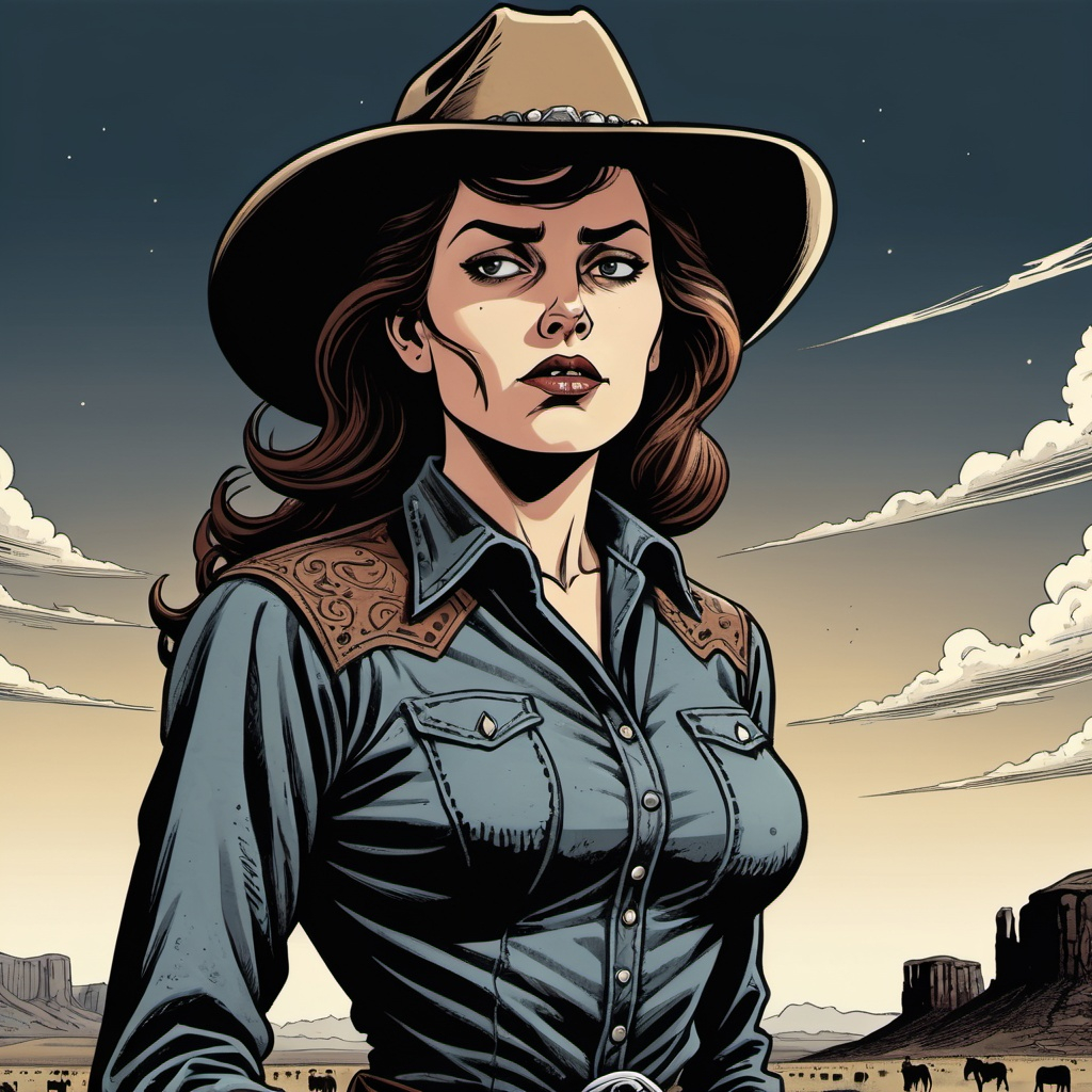Woman cowboy, landfields, detailed, dark colors, dra...