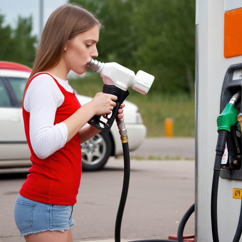White girl drinking gasoline from the gas hose nozzl... | OpenArt