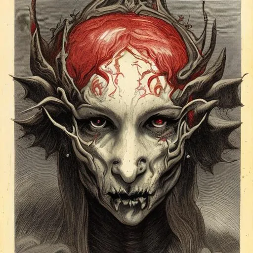 An elf face with bone-white skin and horns, and two...