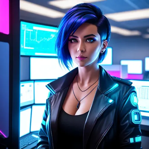 portrait of cyberpunk office worker, behind high-tec...