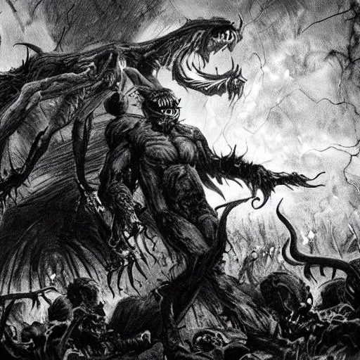 demon in dark lands with dead bodies and bloodly claws | OpenArt