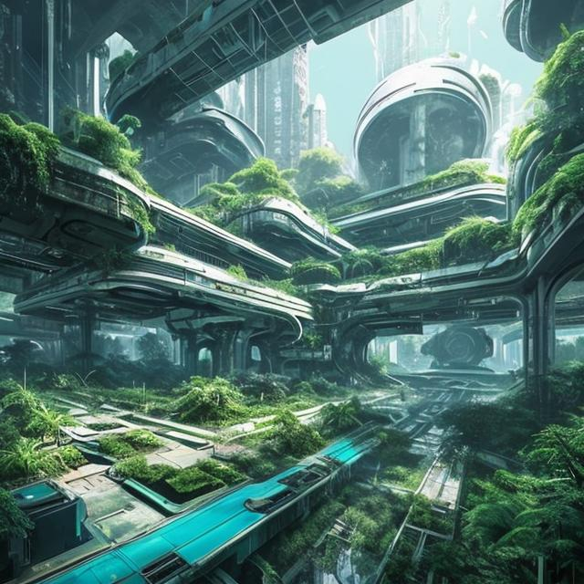 Abandoned Futuristic City overgrown with lush green...