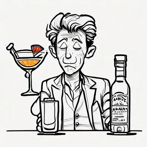 A hand drawn picture of a small stiff man holding a...