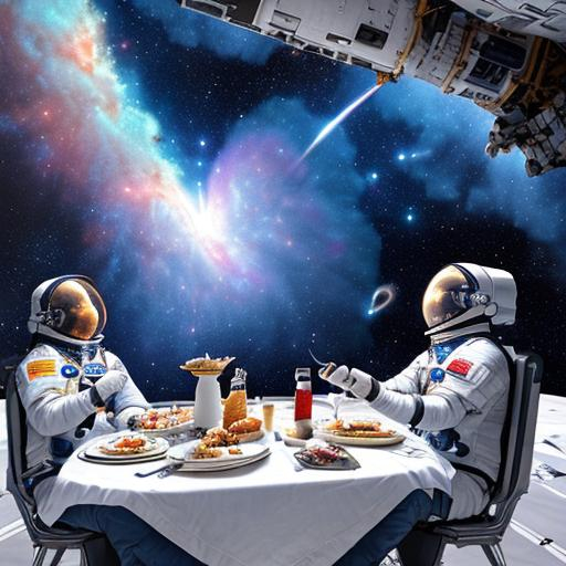 Two astronauts in space having a picnic, ethereal, n...
