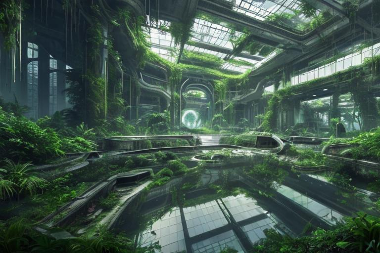 Abandoned futuristic city overgrown with lush green... | OpenArt