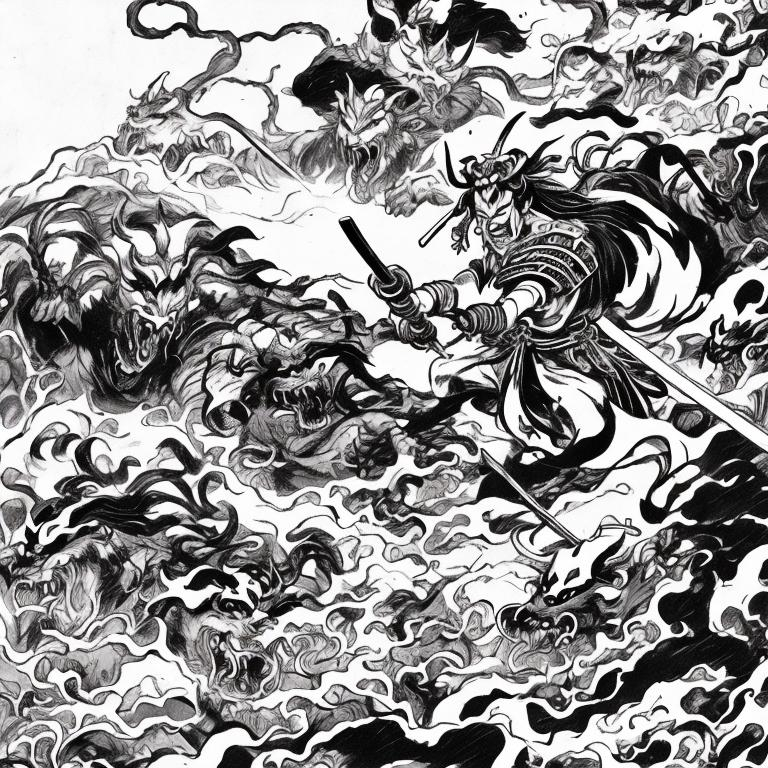 A samurai fighting of demons in a black and white land.