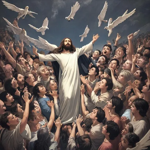 Jesus flies to the sky with people looking up