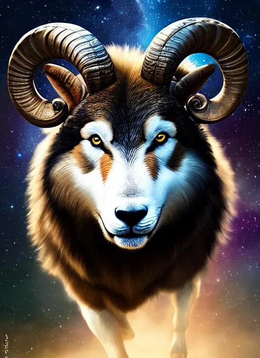 Portrait of a ram mixed with a wolf, with black hair... | OpenArt