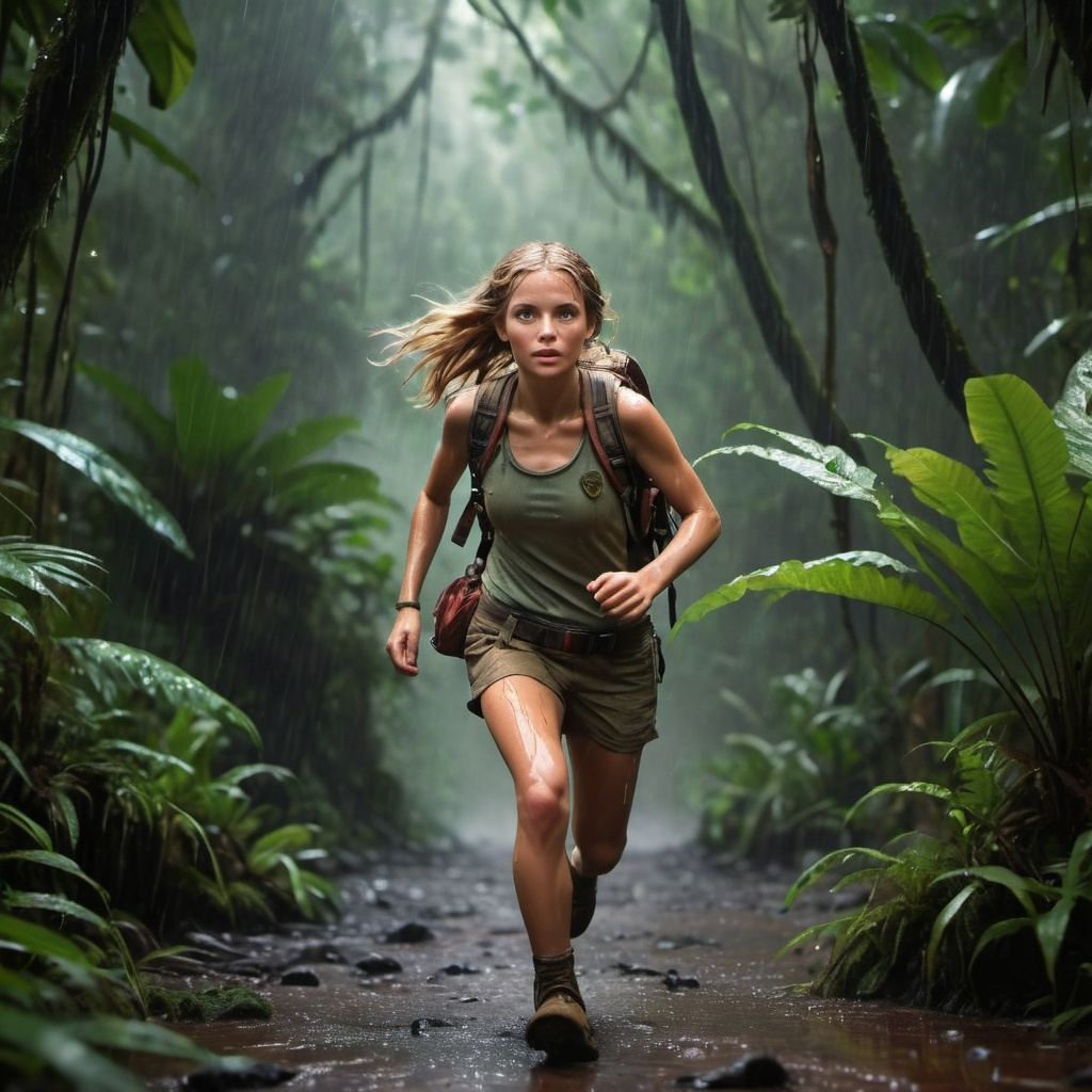 adventure girl Movie realistic runing on the rainfor...