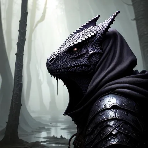 portrait of a (dragonborn necromancer), wearing hood...