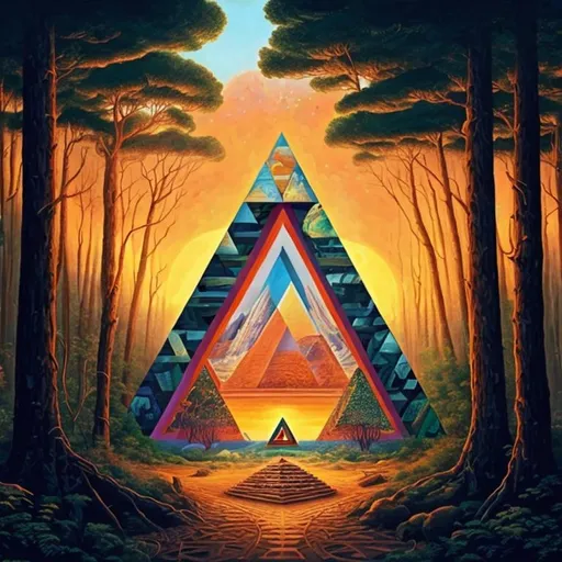 a painting of a triangle in the middle of a forest,...