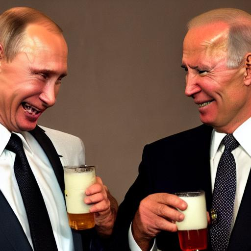 Vladimir Putin and Joe Biden having a beer while lau...