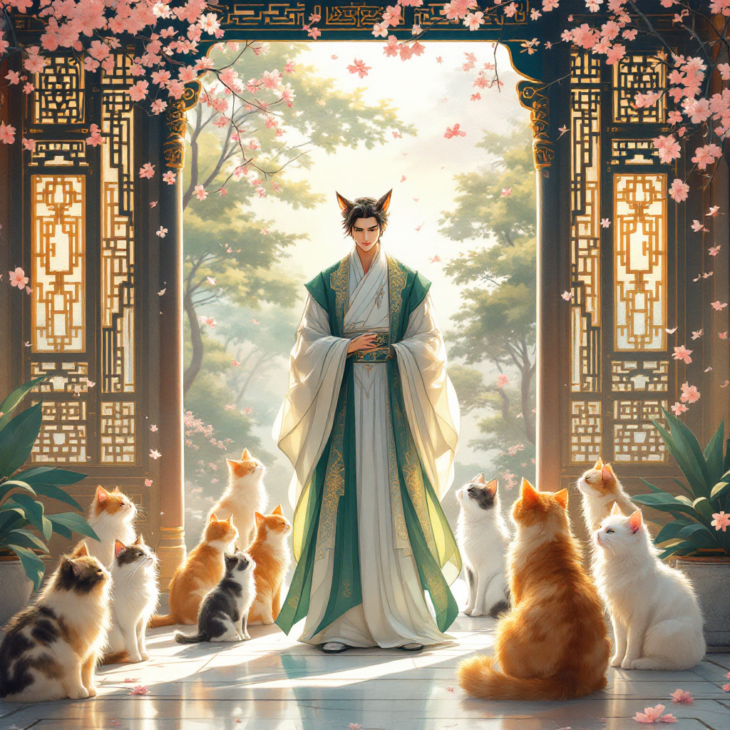 Male human with cat ears wearing ancient chinese imp...