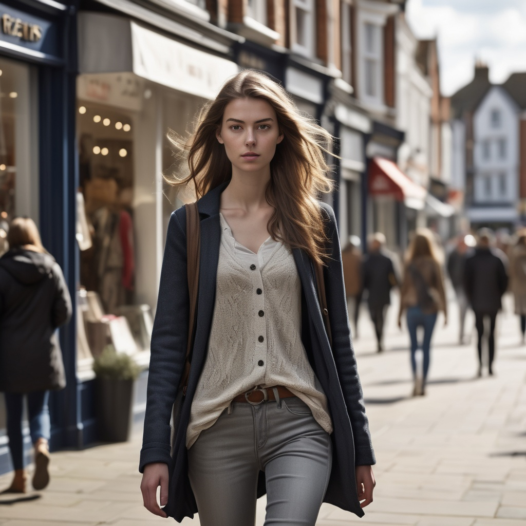 Tall young woman walking down the high street, detai...