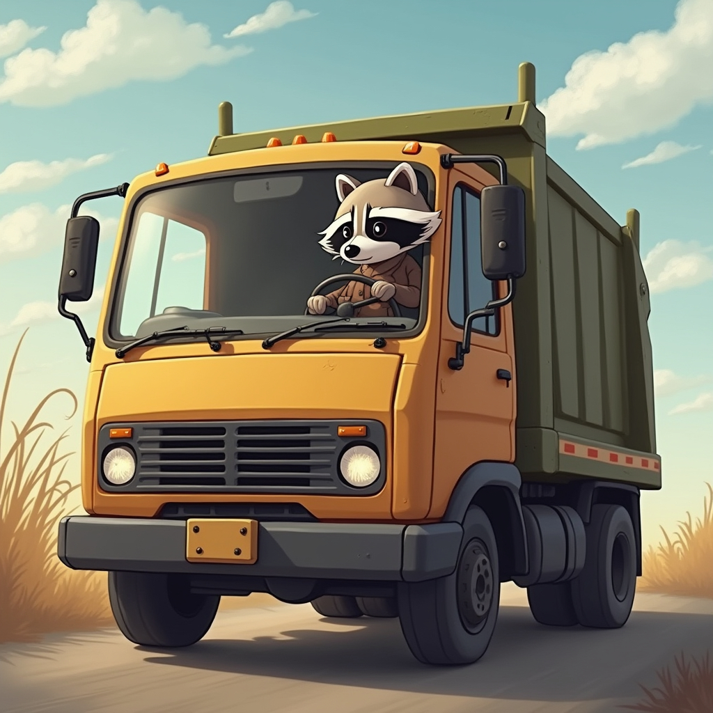 Raccoon is driving garbage truck