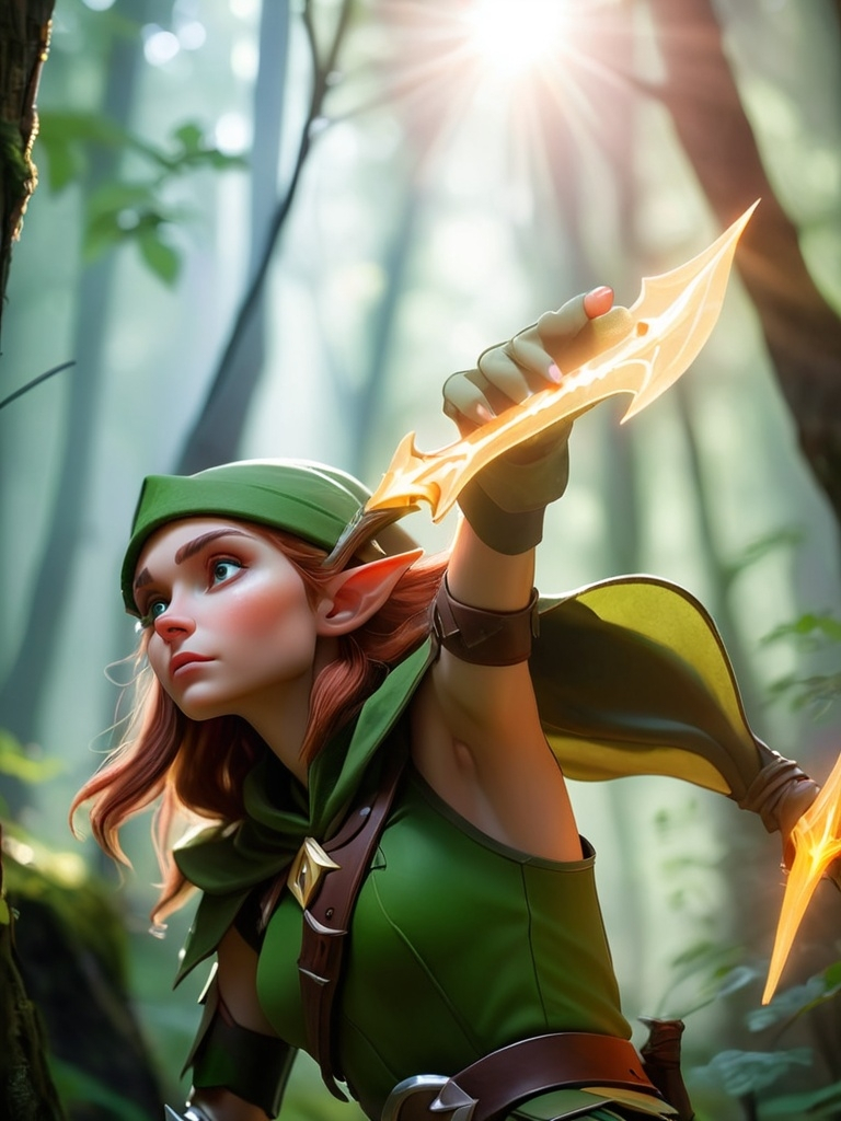 Elf ranger in a mystical forest around sunlight