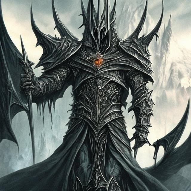 Sauron wearing the one ring, holding up the middle f...